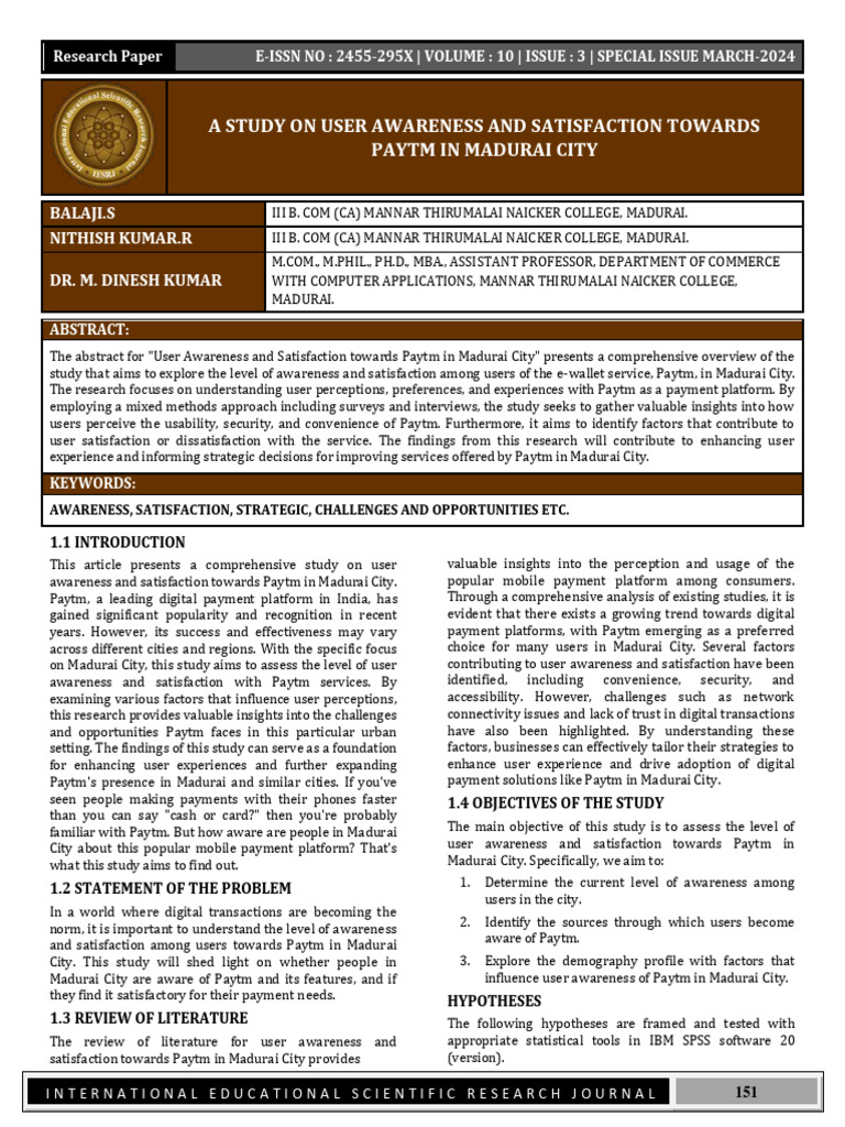 A Study On User Awareness and Satisfaction Towards Paytm in Madurai City | PDF | Usability ...