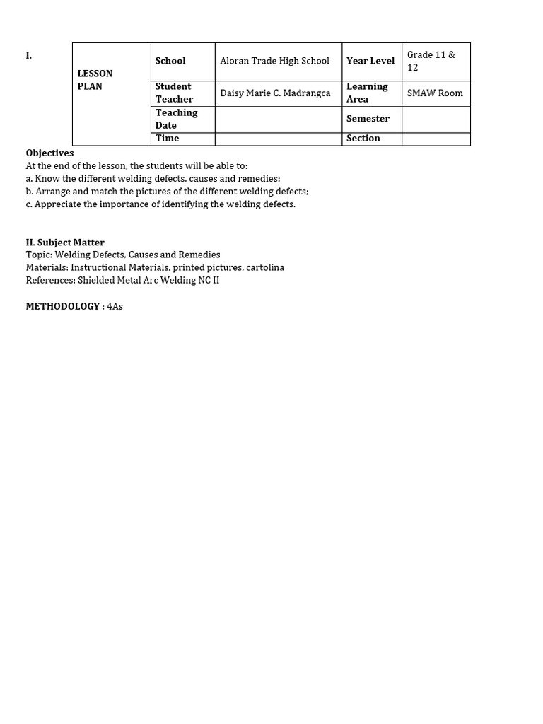 6.lesson Plan Welding Defects, Causes and Remedies | PDF | Welding ...