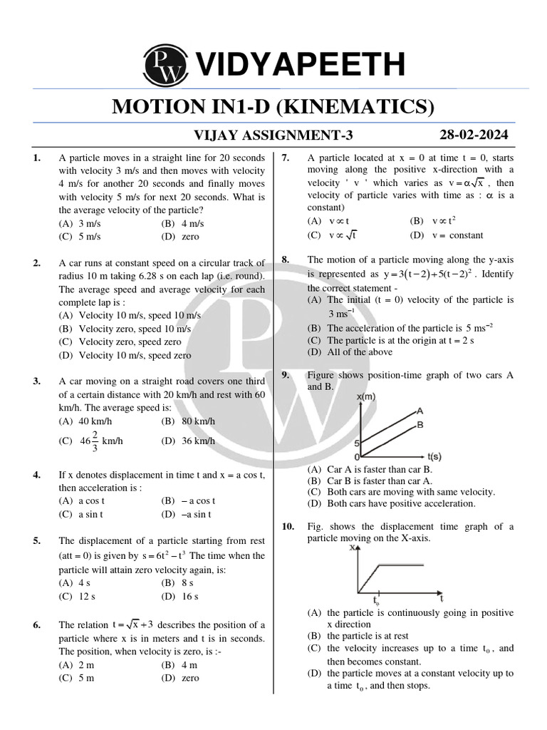 Motion in 1-D (Kinematics) - Home Assignment | PDF | Velocity ...