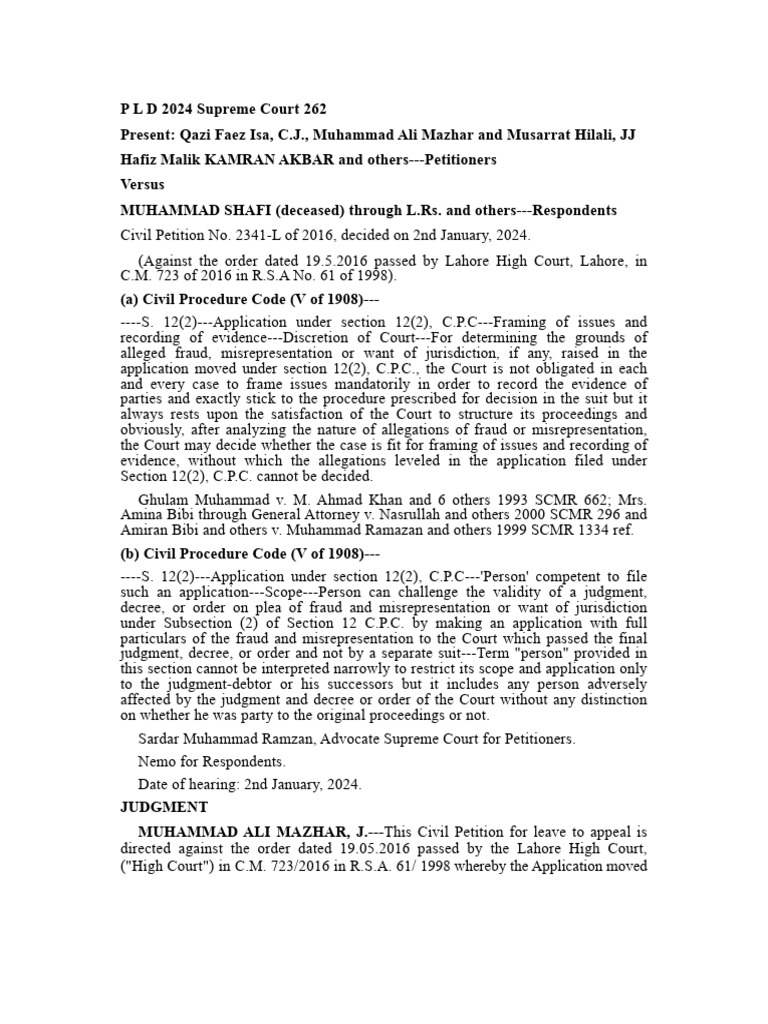 P L D 2024 Supreme Court 262 (O XXI Rule 101 | PDF | Lawsuit | Judgment ...