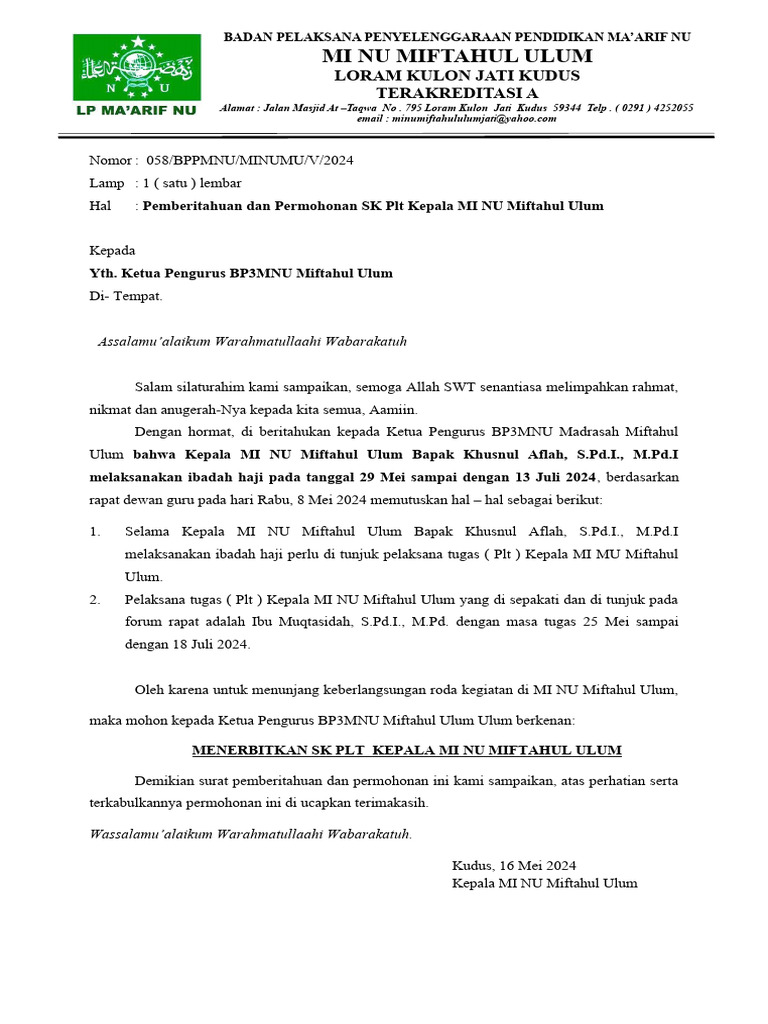 Permohonan SK PLT Ka. MI MU | PDF