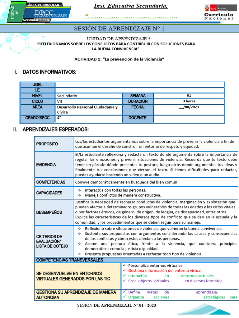 4º DPCC - Ses 1 Uni 5 - Sem 01 | PDF | Aprendizaje | Violencia