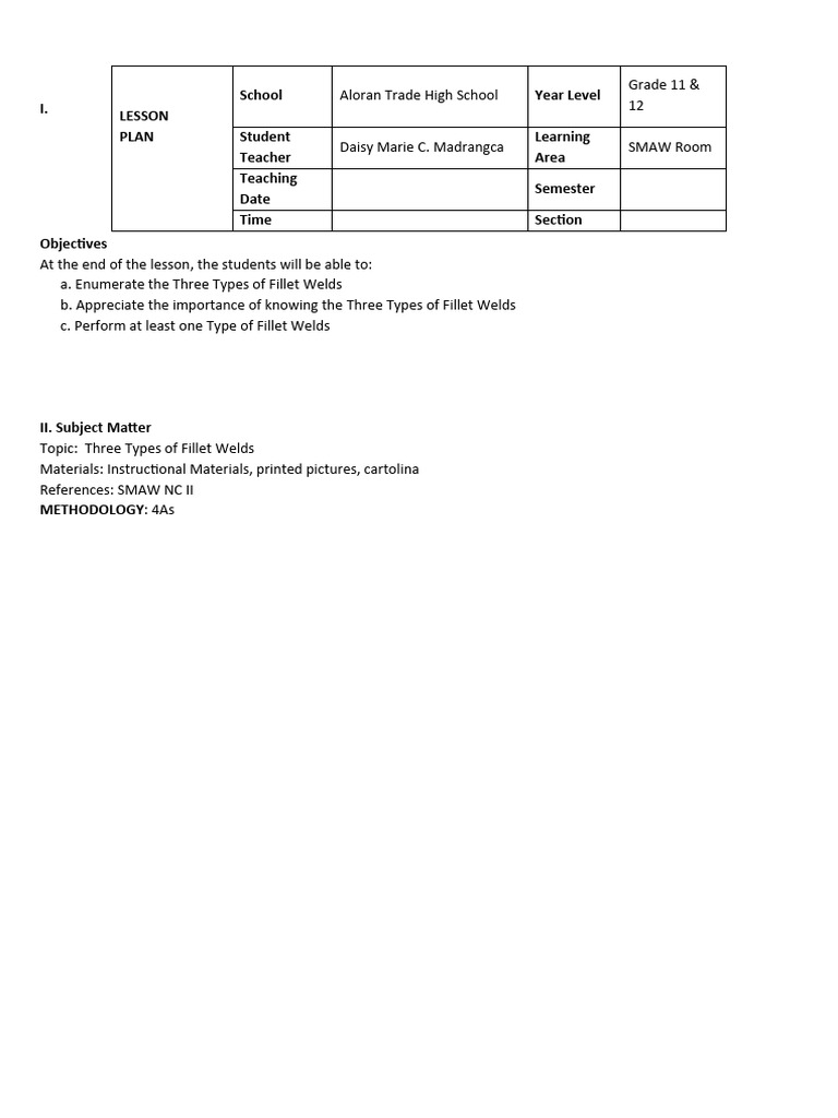 8.LESSON PLAN Fillet Welds | PDF | Teachers | Lesson Plan