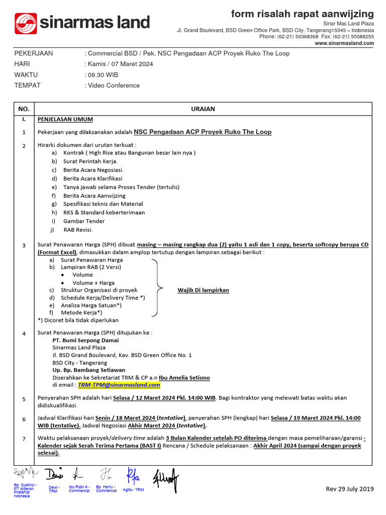 Risalah Rapat Aanwijzing 07032024 NSC Pengadaan ACP Proyek Ruko The Loop | PDF
