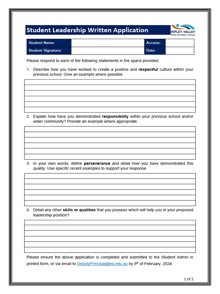 Year 7 Student Leadership Application 2024 | PDF | Leadership | Social ...
