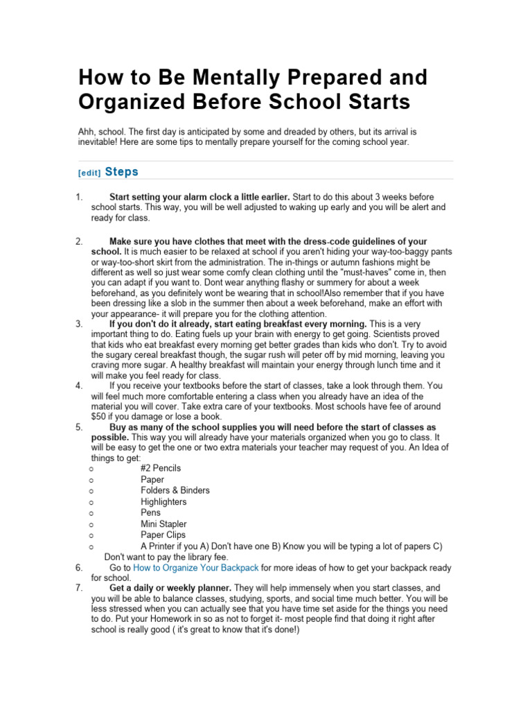 How To Be Mentally Prepared and Organized Before School Starts | PDF