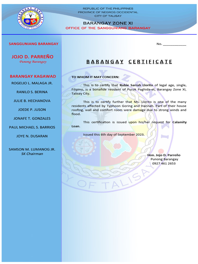 BRGY Certificate Calamity Loan | PDF