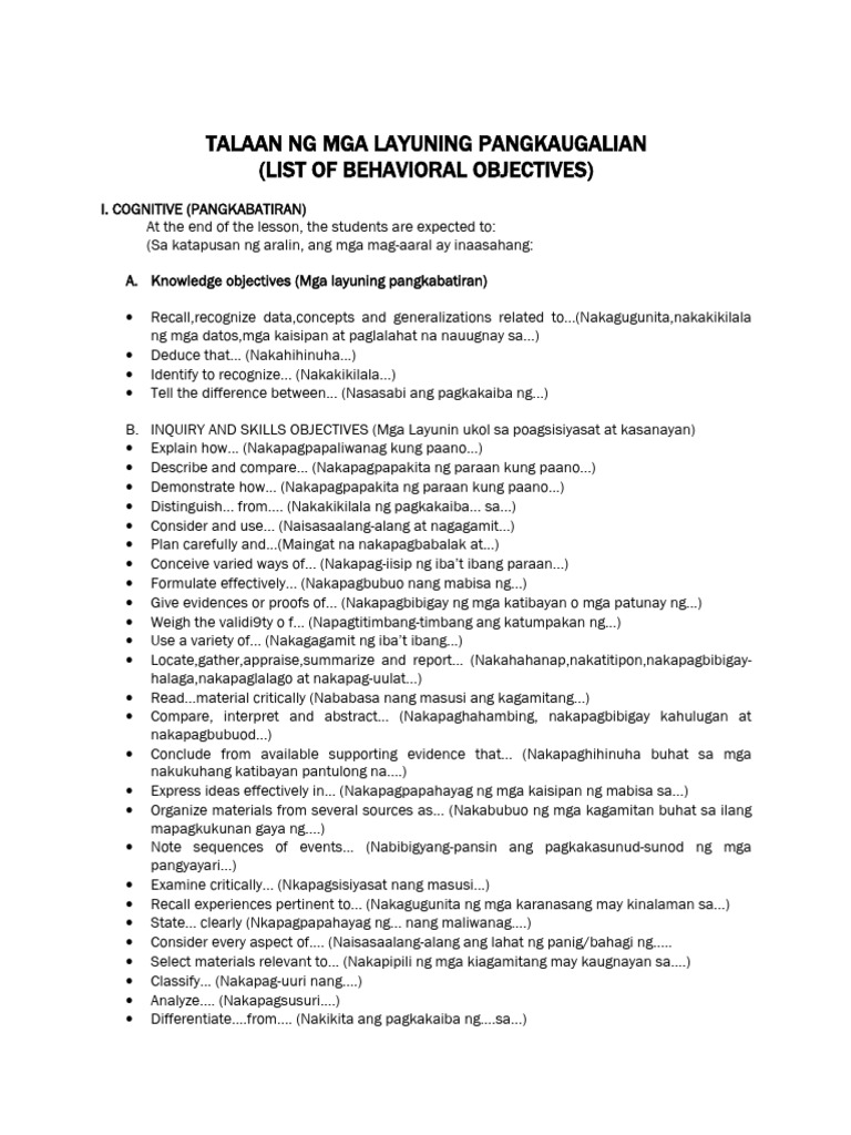 Talaan NG Mga Layuning Pangkaugalian Lis | PDF