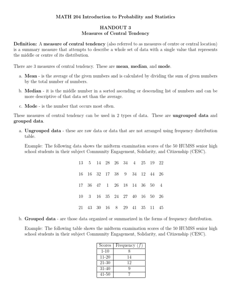 Math 204 Handout 3 Pdf Mode Statistics Average