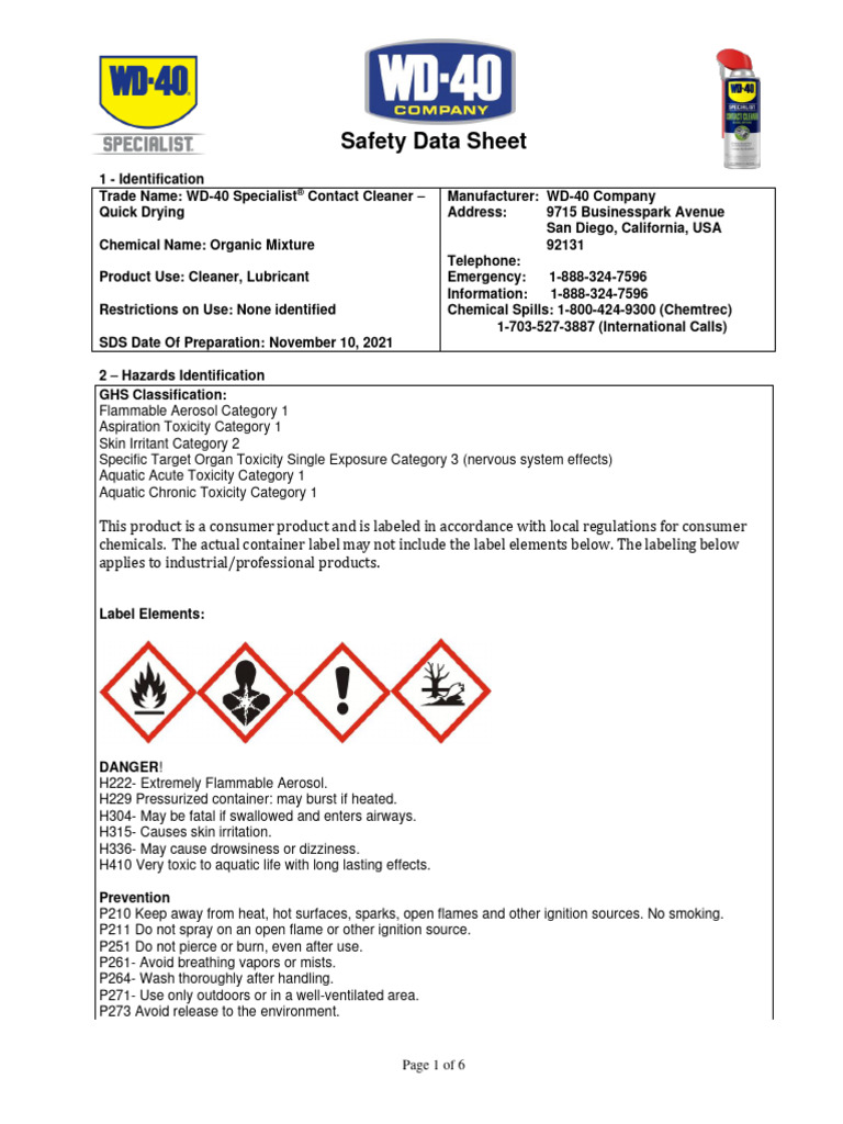 Ghs Sds WD 40 Specialist Contact Cleaner English 300080 560040 | PDF ...