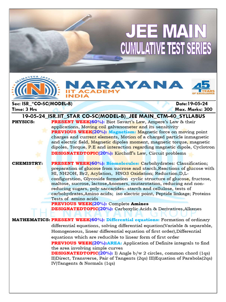 19 05 24 Isr - Iit Star Co SC (Model B) Jee Main CTM 40 QP | PDF | Sucrose | Magnetic Field