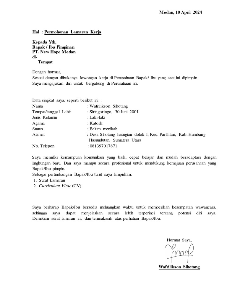 Surat Lamaran Wafri PT NEW HOPE | PDF | Kesehatan Holistik