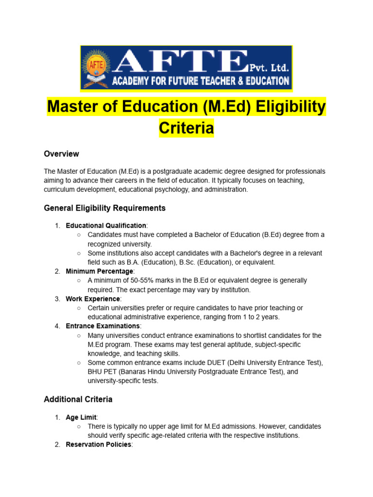 M.ed Eligibility Criteria | PDF | Academic Degree | University And ...