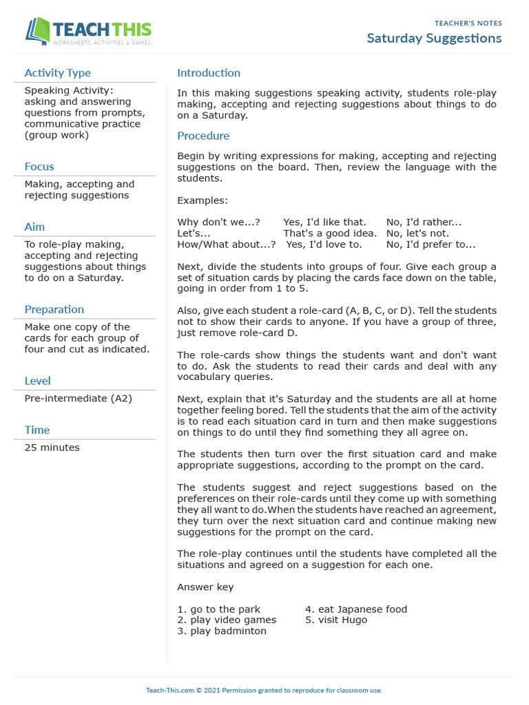 Saturday Suggestions | PDF