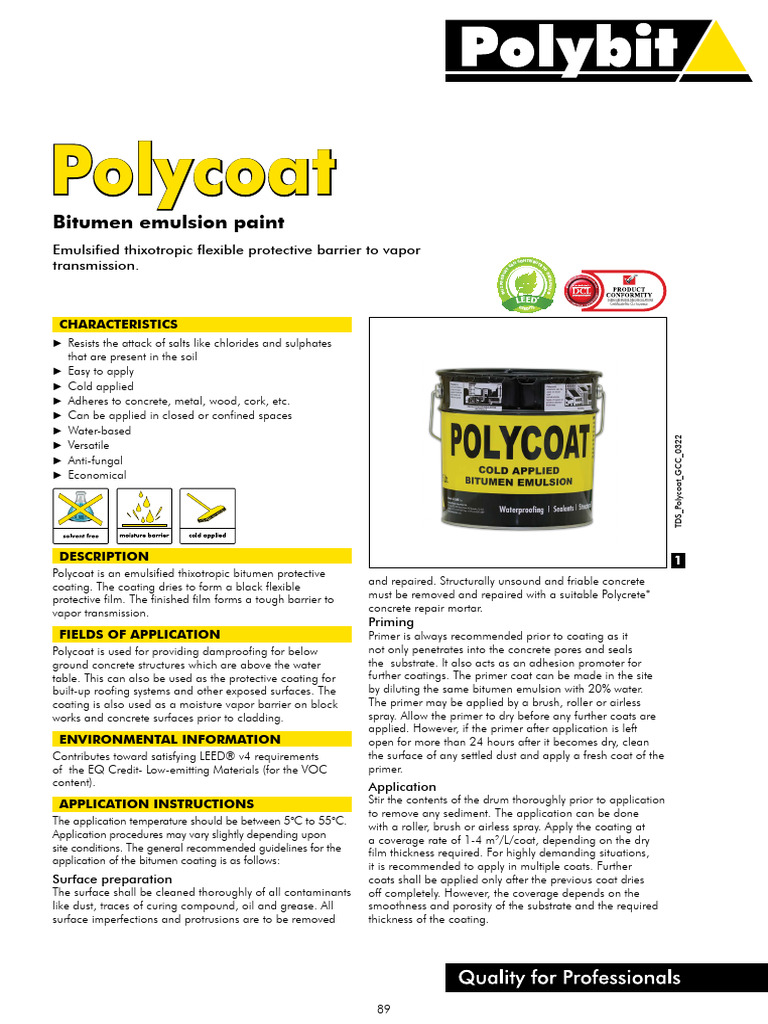 Polybit Waterproofing Polycoat Tds Leed | PDF | Coating | Concrete