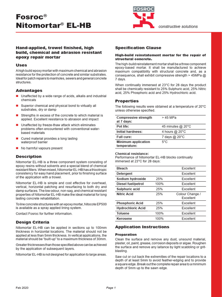 Fosroc Nitomortar EL-HB TDS | PDF | Concrete | Epoxy