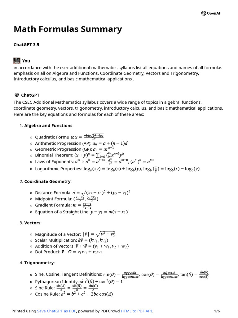 Math Formulas Summary | PDF | Trigonometric Functions | Elementary Geometry