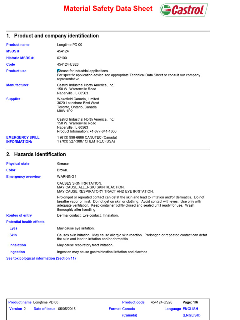 BP NA MSDS - Canada US To CA-ILS-CASTROL454124-US26en-US | PDF | Personal Protective Equipment ...