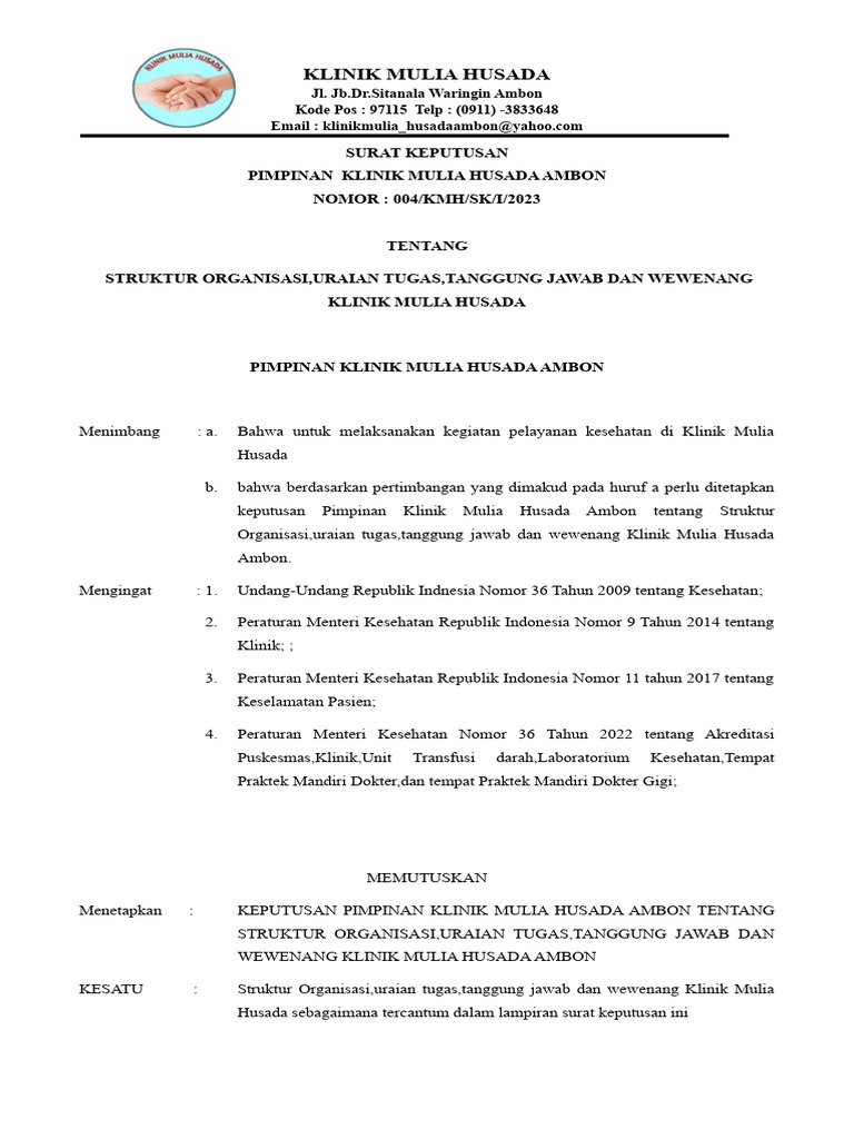 TKK 1.1 Ep 2a. SK Struktur Organisasi Klinik | PDF