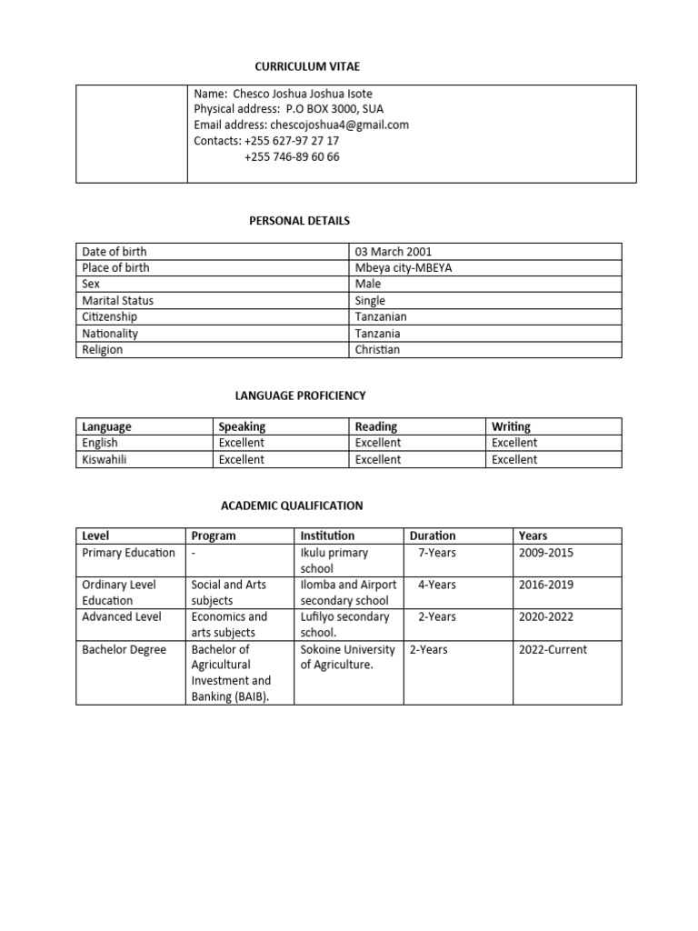 CJ4 CV | PDF | Tanzania | Educational Stages