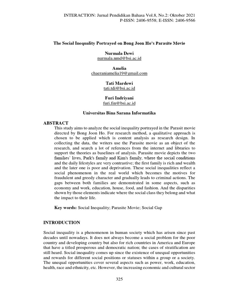 The Social Inequality Portrayed On Bong Joon Ho's Parasite Movie | PDF ...