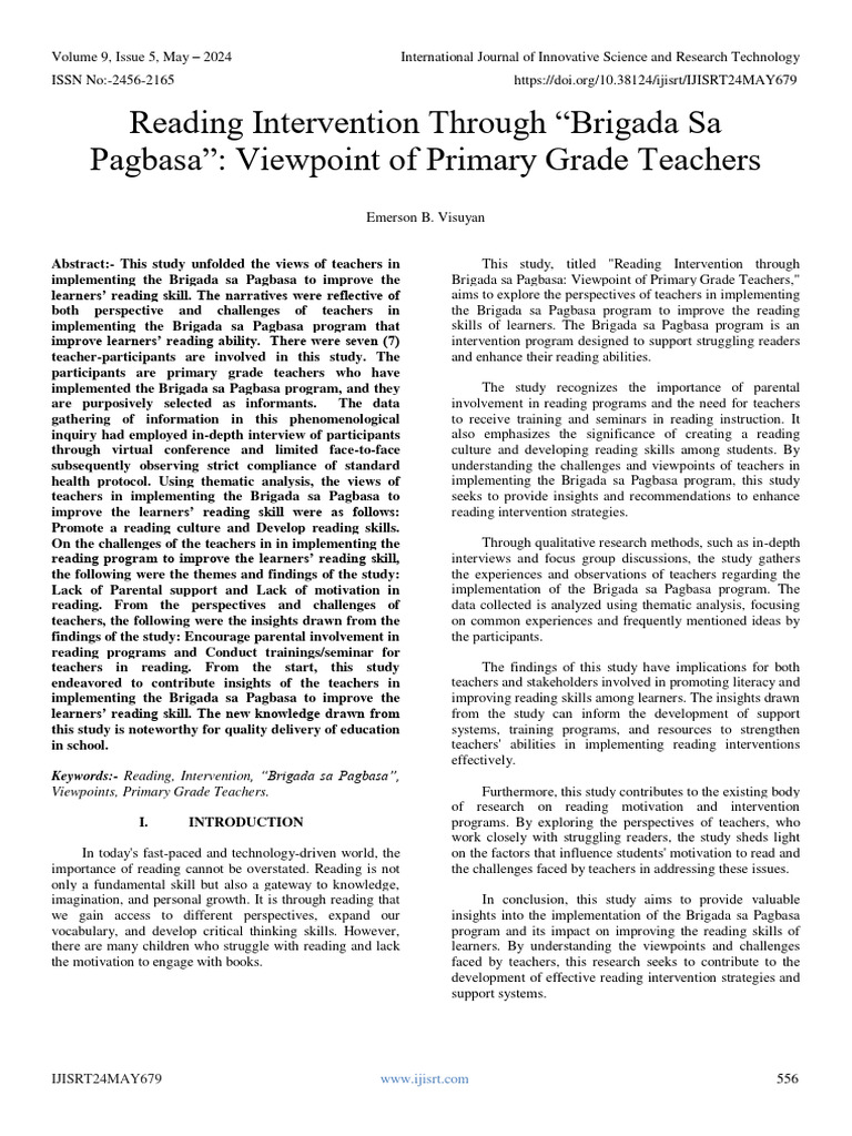 Reading Intervention Through “Brigada Sa Pagbasa”: Viewpoint of Primary ... Reading Intervention Through “Brigada Sa Pagbasa”: Viewpoint of Primary ...