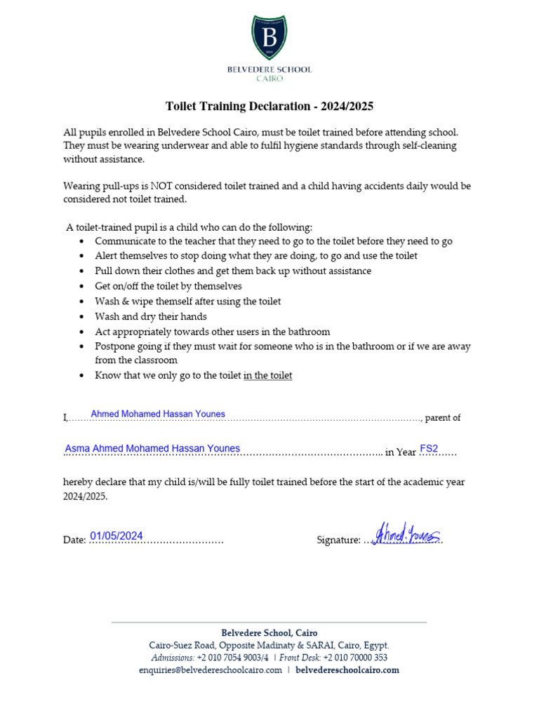 Belvedere Toilet Training Declaration FS1-Y1 | PDF