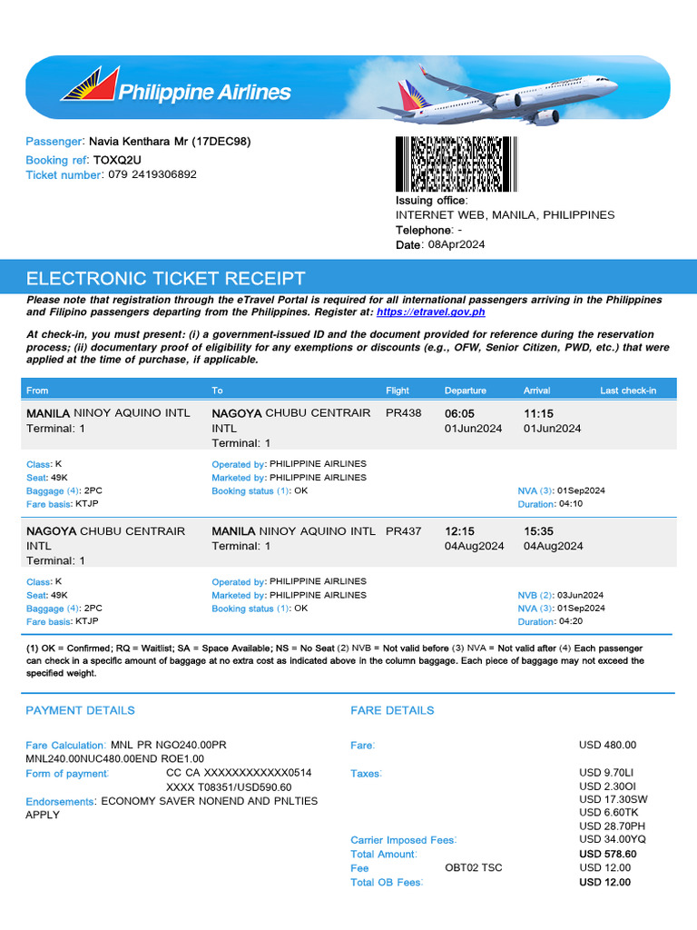 Electronic Ticket Receipt 01JUN For KENTHARA NAVIA | PDF | Airlines