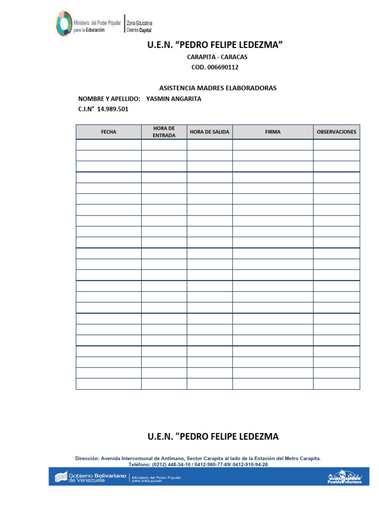 Nuevo - Formato de Control de Asistencia Del Personal U.e.n.. Pedro ...