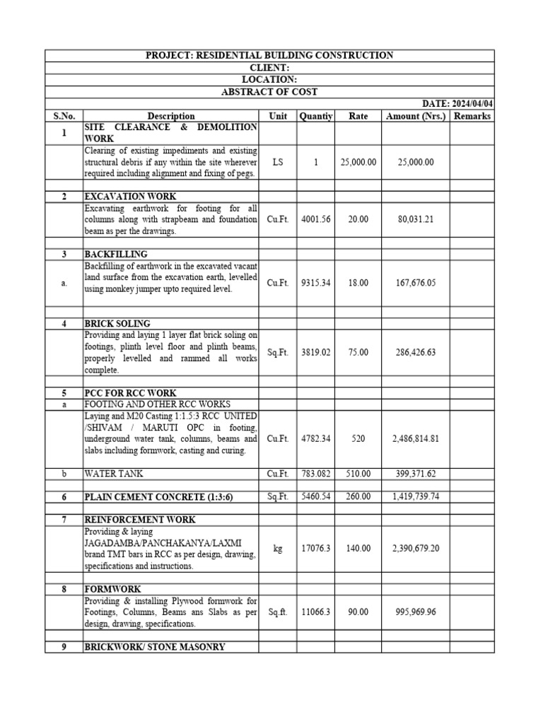 BoQ - Upto Plaster | PDF | Plaster | Masonry