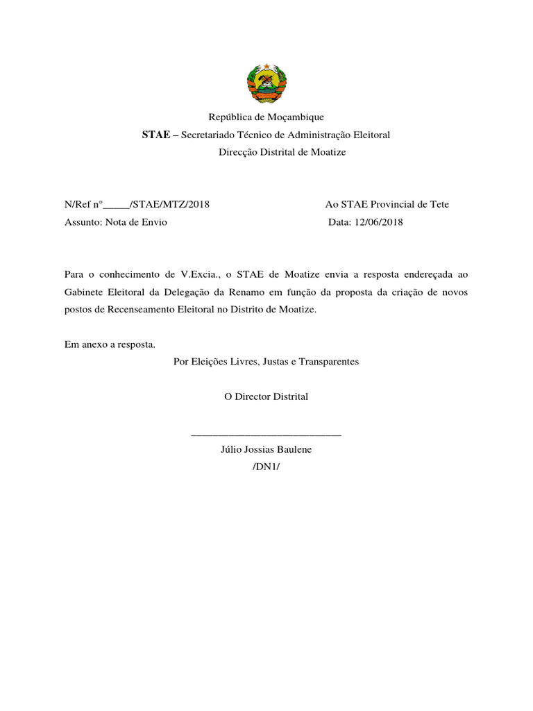 Nota de Envio do STAE de Moatize | PDF