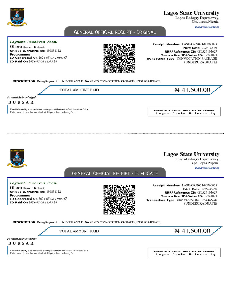 Olowu Hussein Kehinde - Payment For MISCELLANOUS PAYMENTS CONVOCATION PACKAGE (UNDERGRADUATE ...