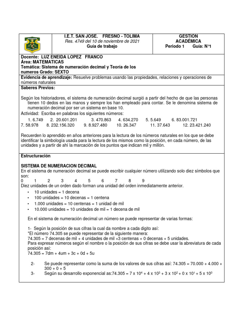 Guia 1 Sexto Periodo 1 | PDF | División (Matemáticas) | Multiplicación