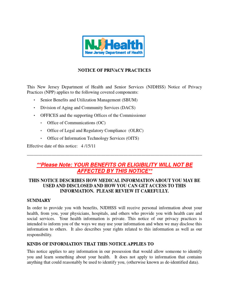 NJDHSS Privacy Practices Notice | PDF | Health Informatics | Privacy