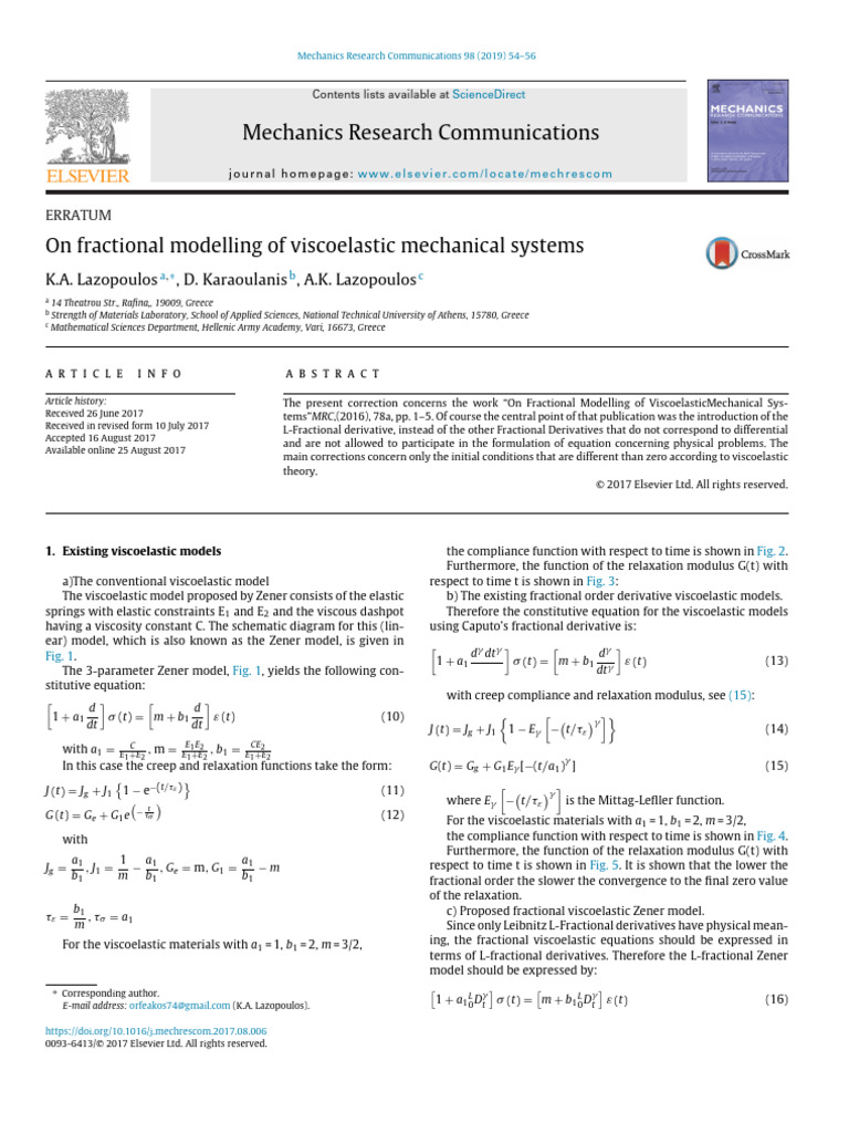 (2019 Lazopulos) On Fractional Modelling of Viscoelastic Mechanical Systems | PDF ...