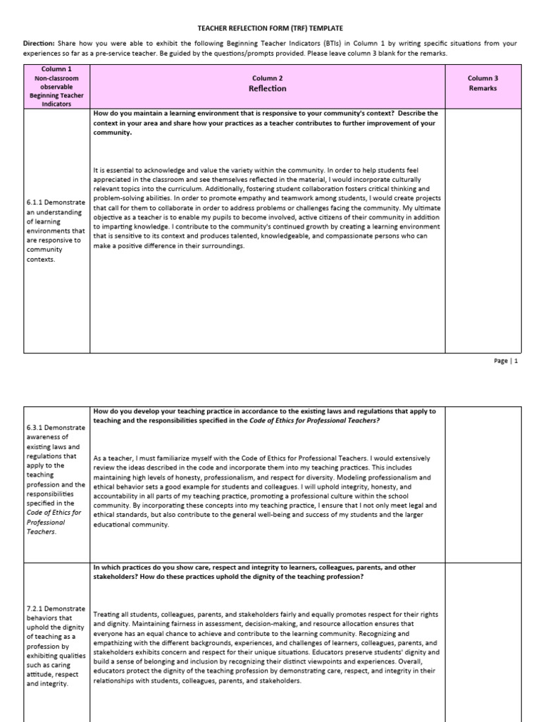 Teacher Reflection Form | PDF | Teachers | Learning