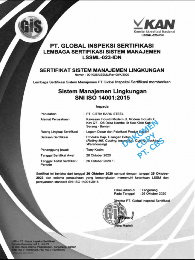 Sertifikat Iso 14001 | PDF