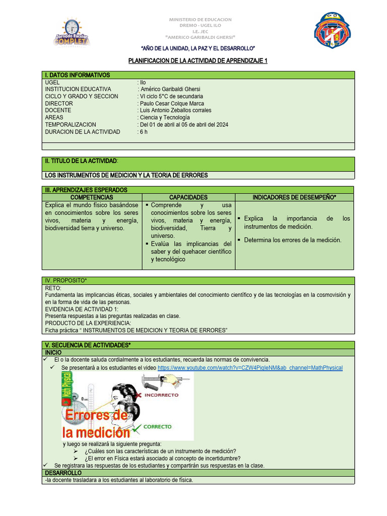 ACT - Nro.01 - CYT - 5° - 2024 - LUISZEBALLOS | PDF | Medición | Evaluación