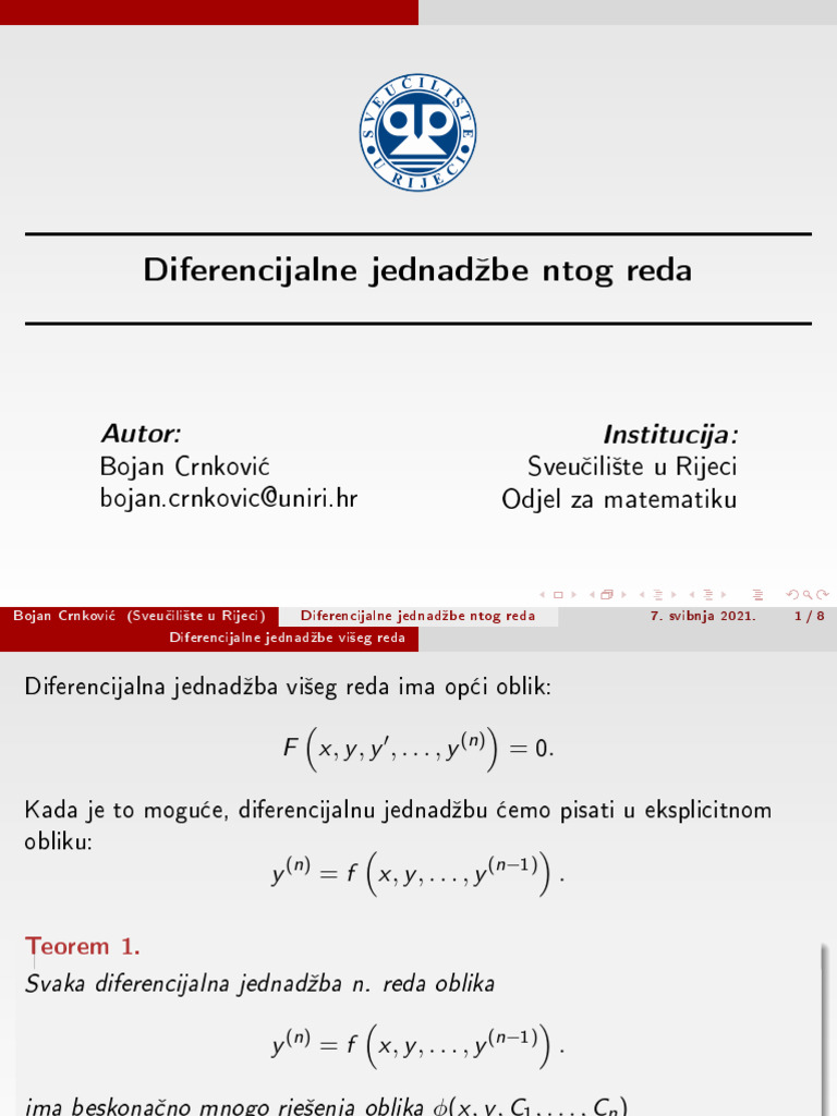 Diferencijalne Jednadžbereda N | PDF