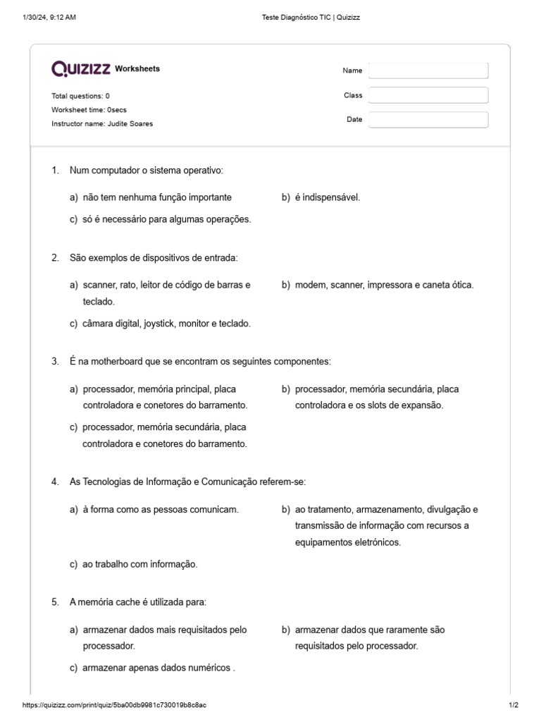 Teste Diagnóstico TIC - Quizizz | PDF | Armazenamento de dados de ...