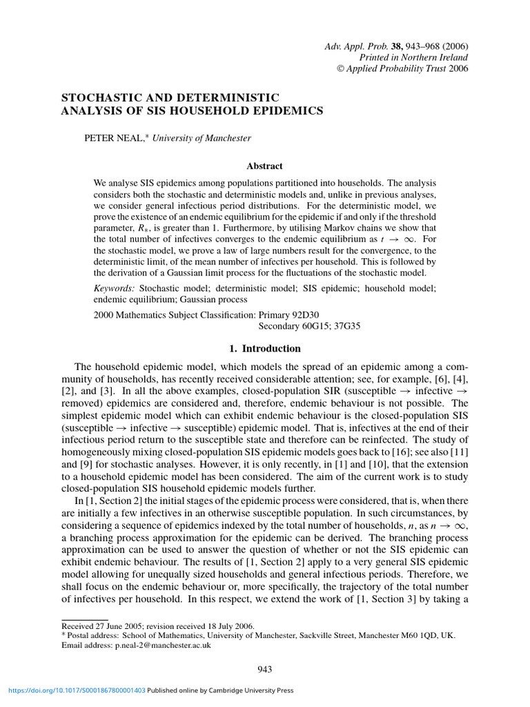 Stochastic and Deterministic Analysis of Sis Household Epidemics | PDF ...