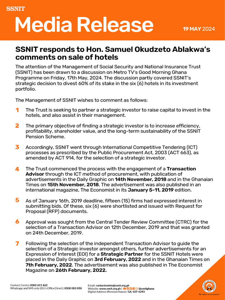 Bryan Acheampong's Hotel Gave The Best Offer For 60% Share - SSNIT Explains | PDF | Request For ...