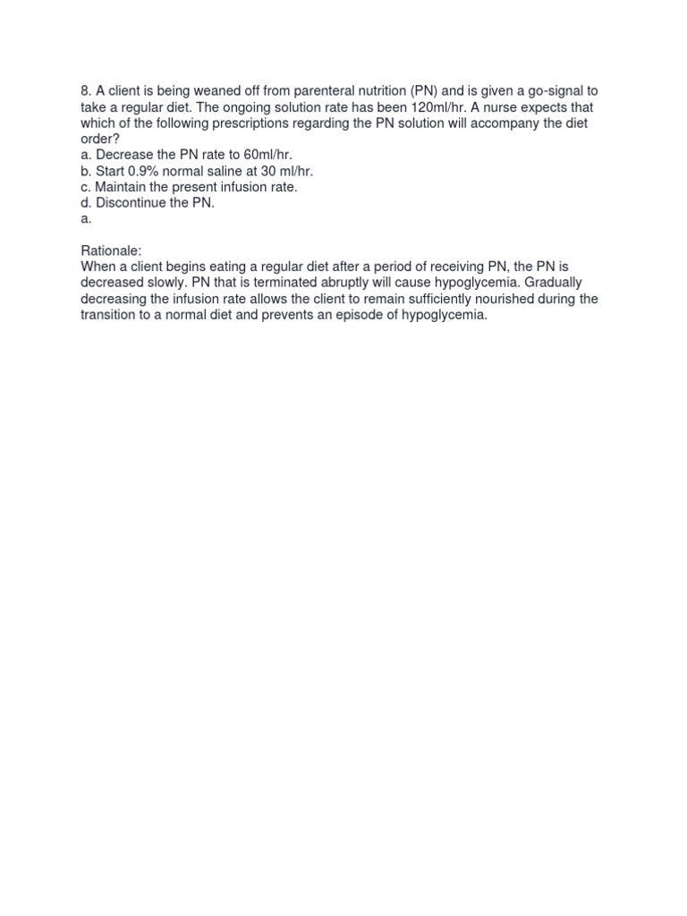 A Client Is Being Weaned Off From Parenteral Nutrition | PDF