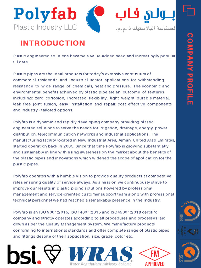 COMPANY PROFILE-POLYFAB PLASTIC | PDF | Pipe (Fluid Conveyance) | Plastic