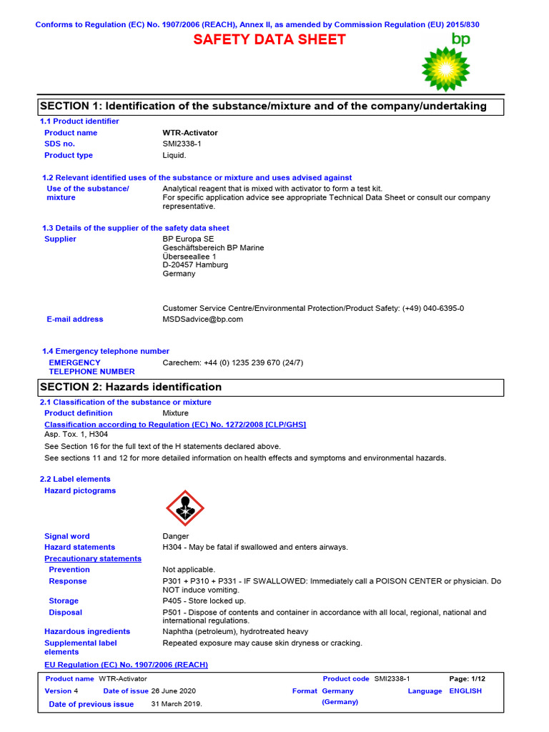 Msds English Wtr-Activator BP Marine | PDF | Personal Protective ...