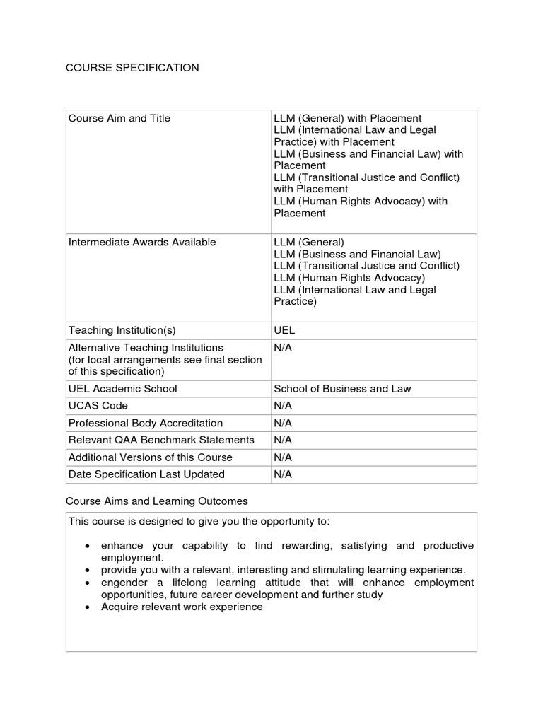 Course Specification - LLM With Placement | PDF | Learning | Knowledge