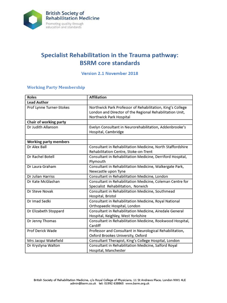 Specialist Rehabilitation in The Trauma Pathway BSRM Core Standards ...