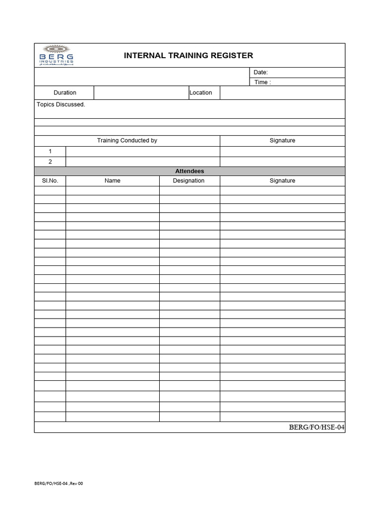 Internal Training Register Template | PDF