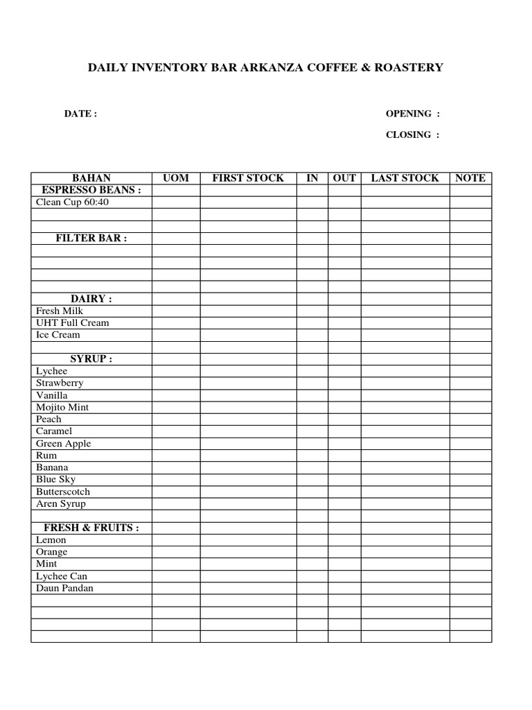 Daily Inventory Bar Arkanza Coffee | PDF