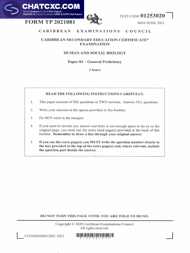 CSEC Human and Social Biology June P2 2021 | PDF